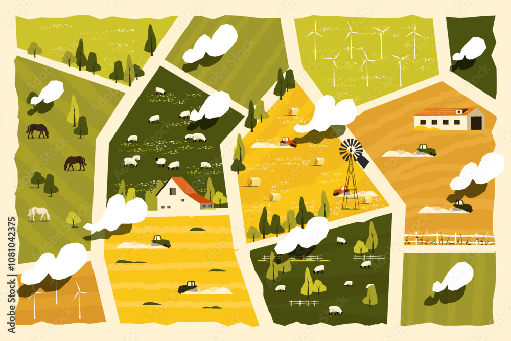 Cute rural map. Cartoon countryside village with farm houses and forest ...