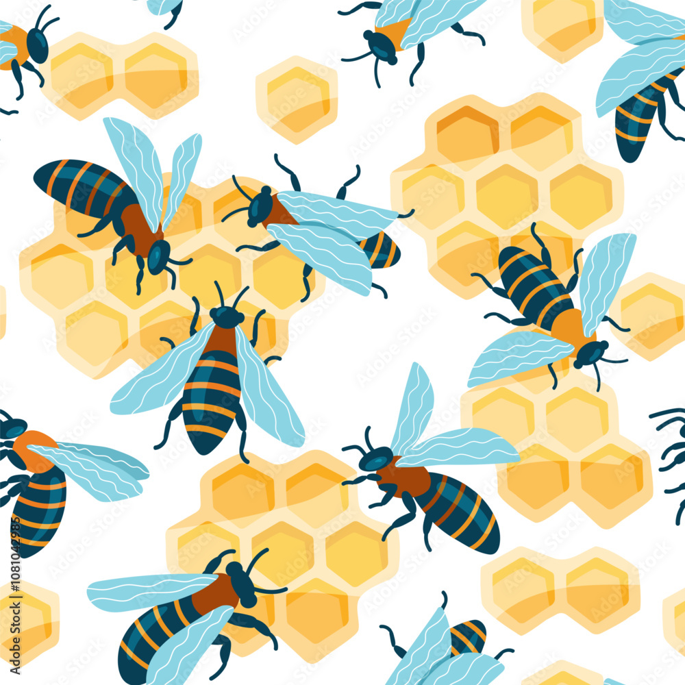 Cartoon bee pattern. Seamless print of cute bumblebee insect on honeycomb background, abstract ...
