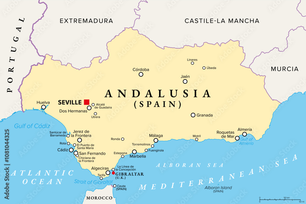 Andalusia, a region in Spain, with capital Seville, political map. Southernmost autonomous ...