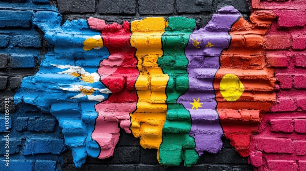 A vibrant and colorful world map painted on a textured brick wall ...