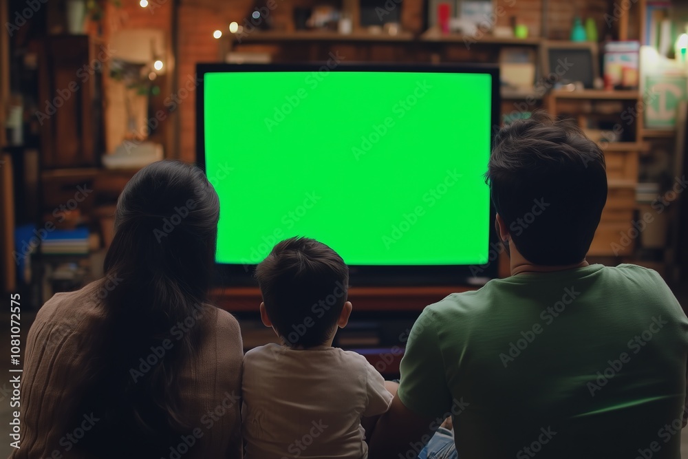 Family watching TV with green screen mock up Stock Photo | Adobe Stock