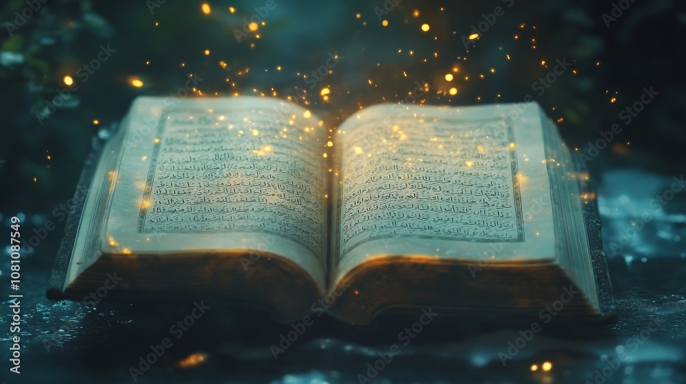An open Quran with glowing light emanating from its pages, symbolizing ...