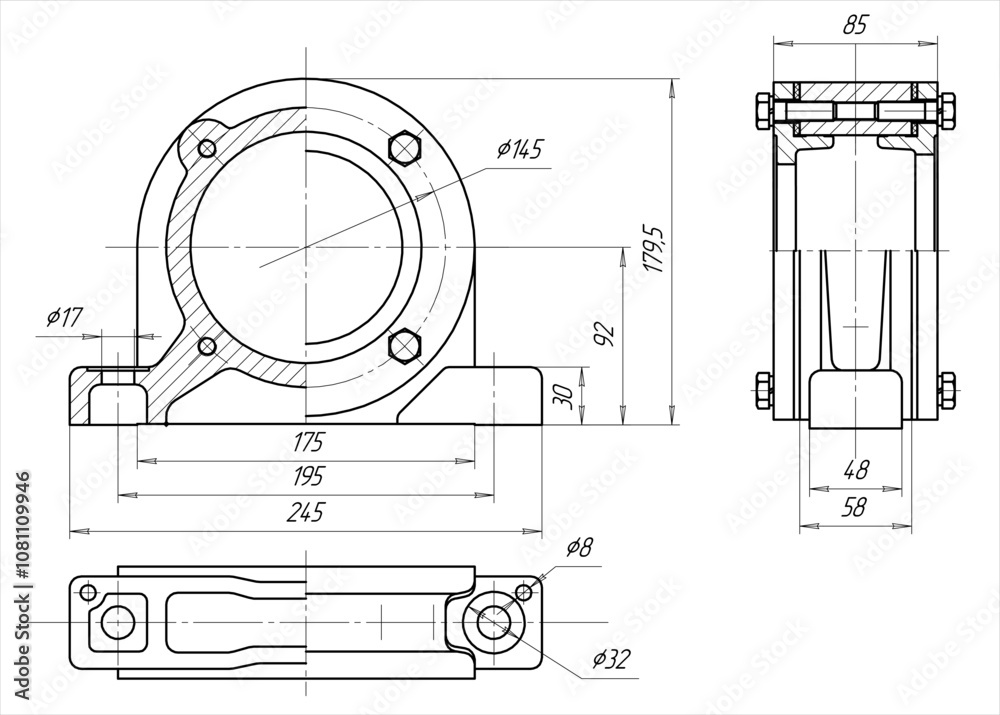 Assembly drawing of electrical reducer. Vector design of steel ...