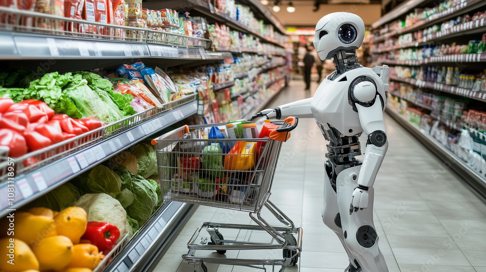 Humanoid robot pushing shopping cart and choosing groceries in ...