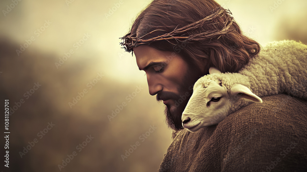 Portrait of Jesus with a lamb on his shoulder, wearing a crown of ...