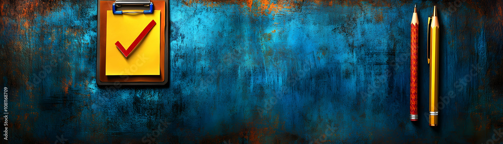 Checklist, Pen, and Pencil on Rustic Blue Background, clipboard, check ...