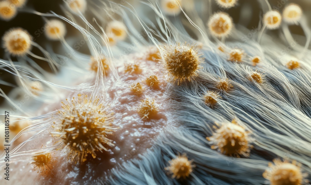 Fungal disease of the skin, dandruff on the scalp. An enlarged image of ...