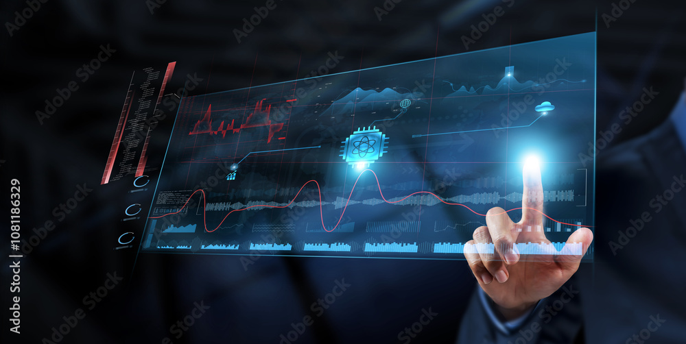 Quantum Computing: Businessman analyzes data strategy with graph on ... Quantum Computing: Businessman analyzes data strategy with graph on ...