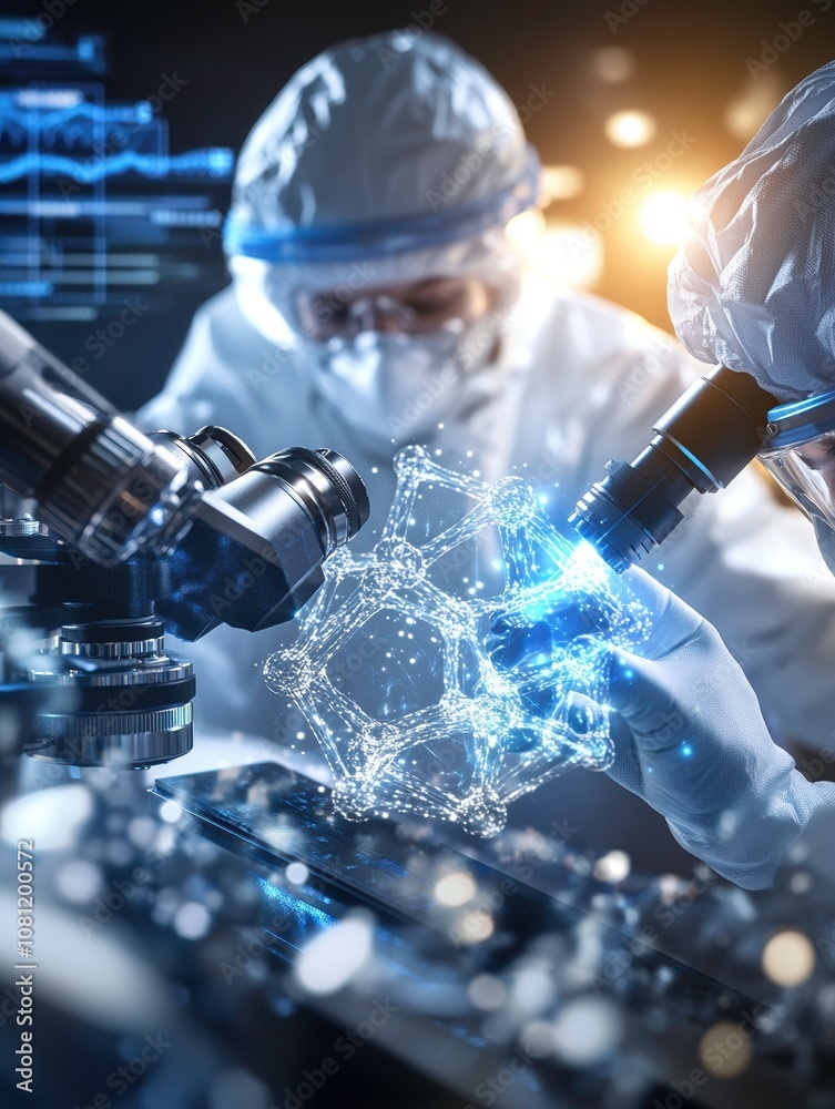 Diverse scientists in protective gear examining molecular structures under microscopes ...