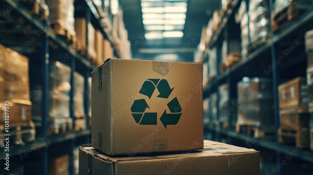 Cardboard box with recycling symbol in a warehouse setting. Stock ...
