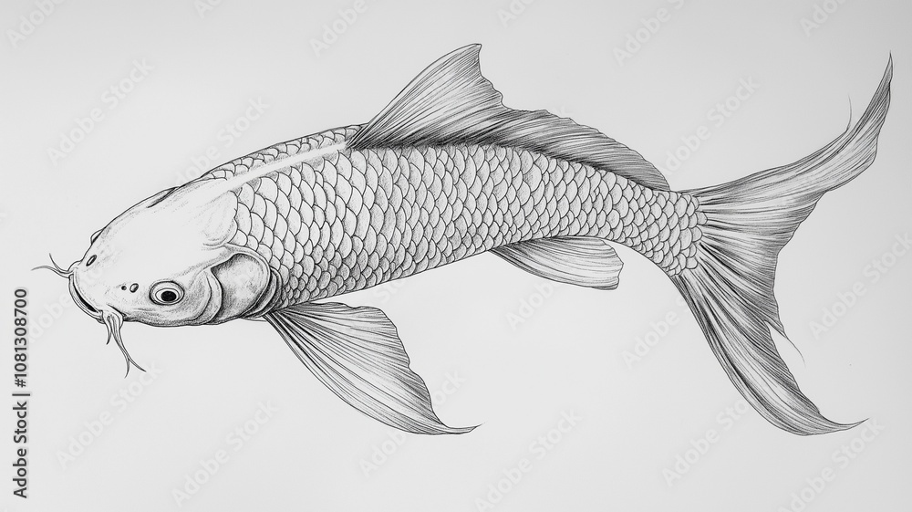 A black and white sketch of a koi fish, drawn with fine lines on a ...