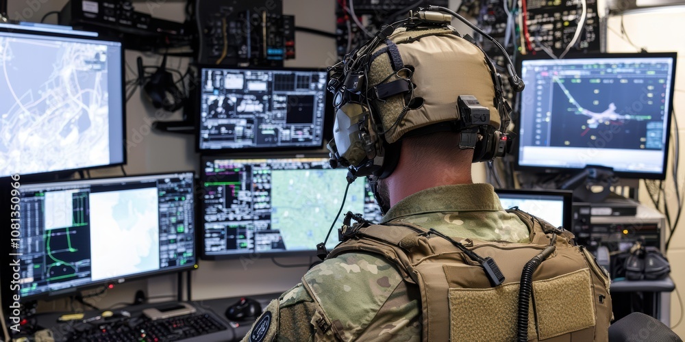 Military operator analyzing control systems in tactical gear command center digital surveillance ...