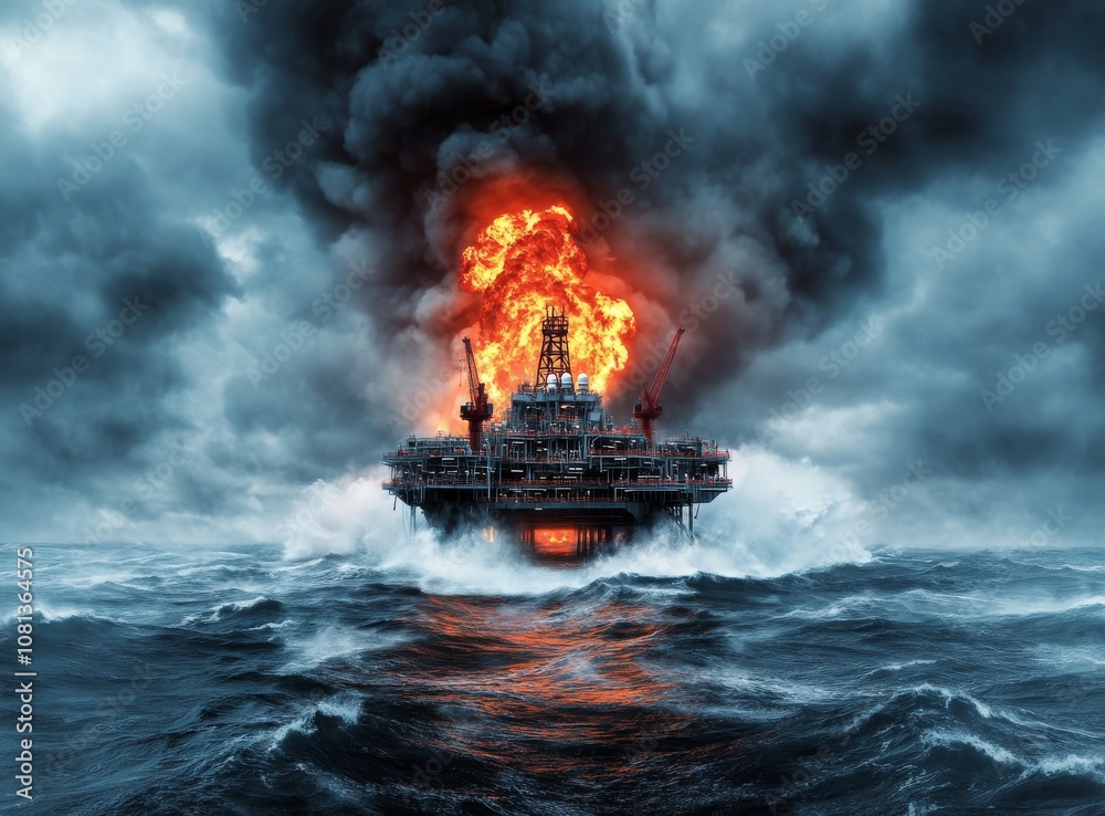 Catastrophic explosion on offshore oil rig amidst stormy seas and dark ...