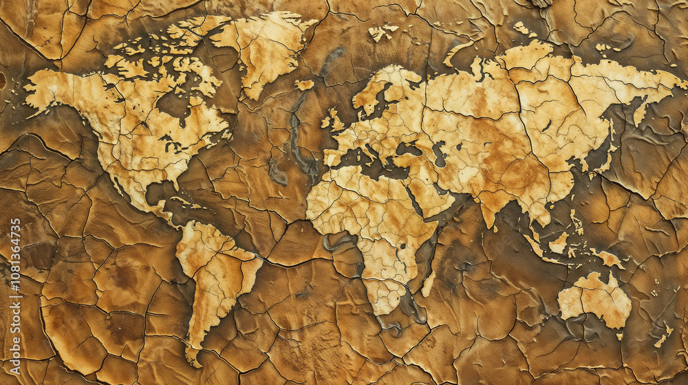 Artistic world map rendered in cracked earth textures symbolizing ...