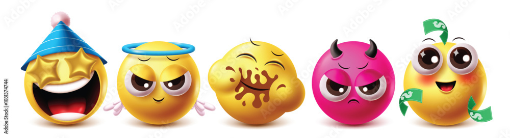 Starving emoji vector characters set. Clipart emojis in hungry, funny ...