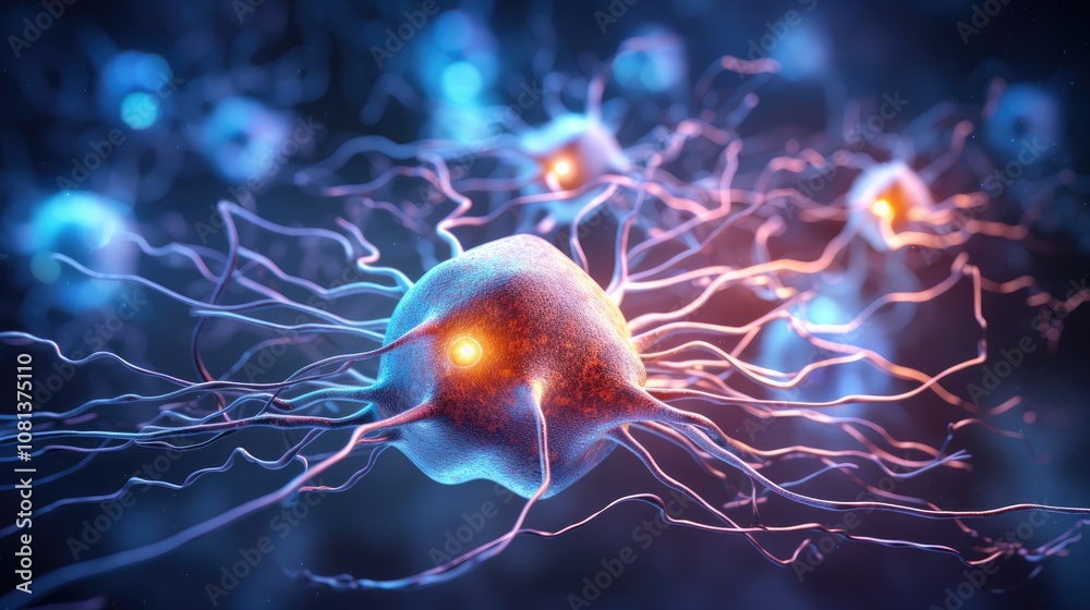 A conceptual image of the brain's neural system, with glowing neuron ...