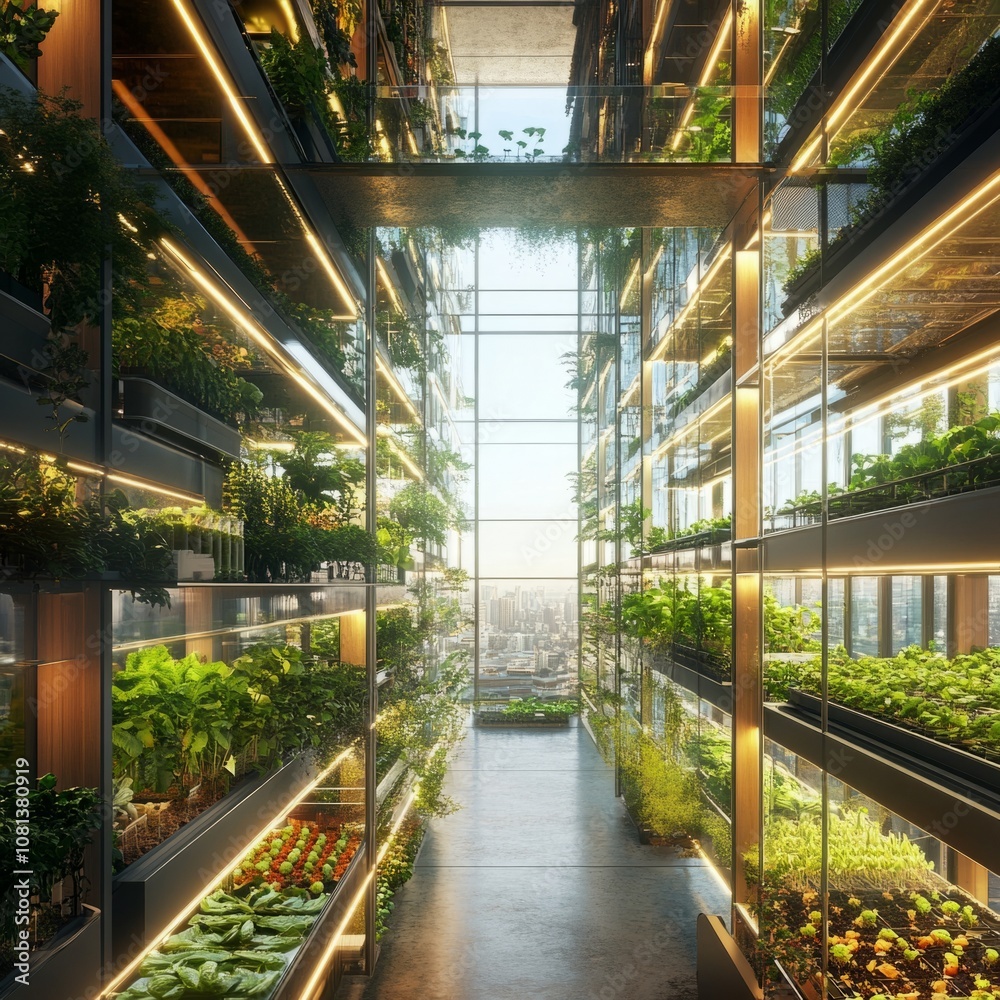 Vertical farms inside urban buildings, growing fresh produce using ...