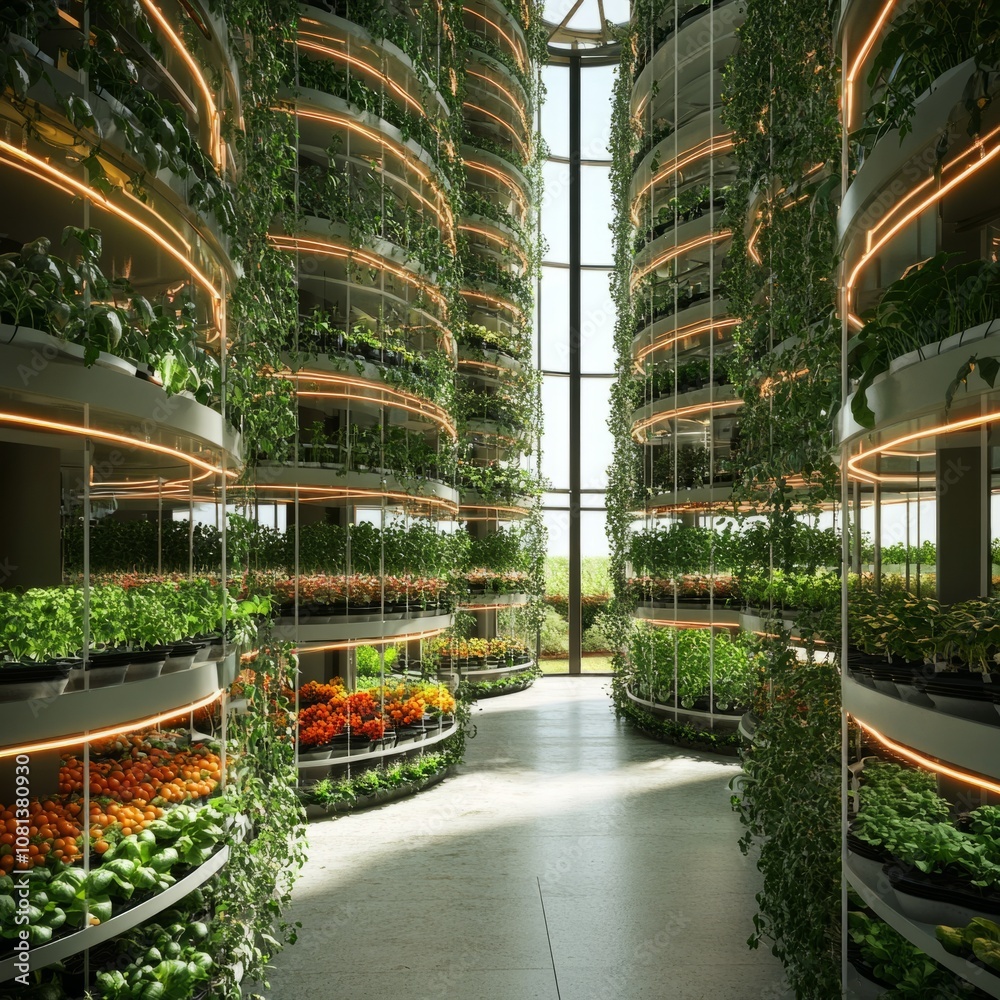 Vertical farms inside urban buildings, growing fresh produce using ...