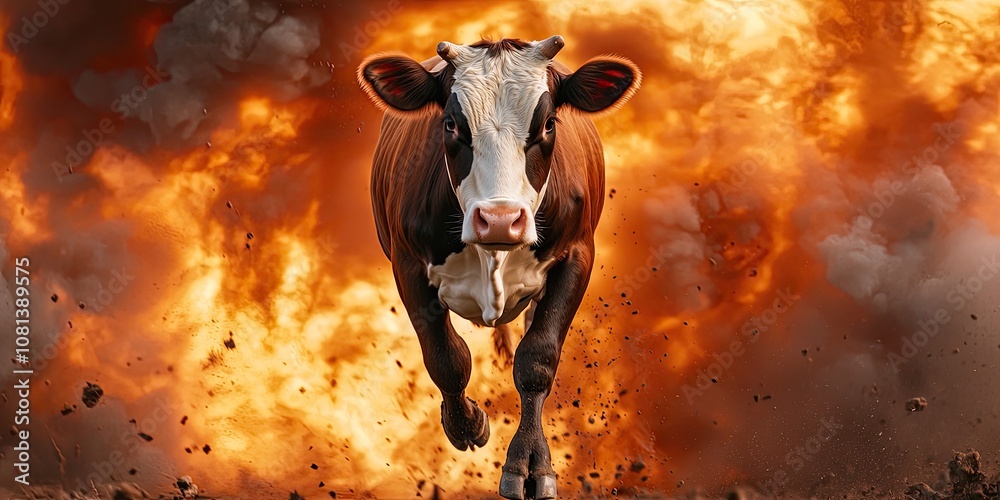 Animals pets migration concept. A dramatic image of a cow charging ...