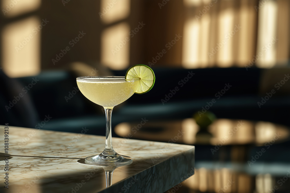 A photo of a Gimlet cocktail with a lime slice on a modern stone bar ...