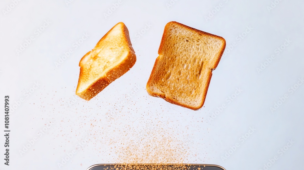 Two slices of perfectly toasted bread fly in the air with crumbs ...