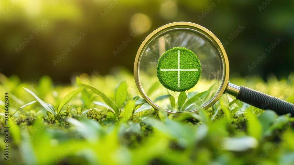 A magnifying glass focuses on a green plus sign in a field of grass ...