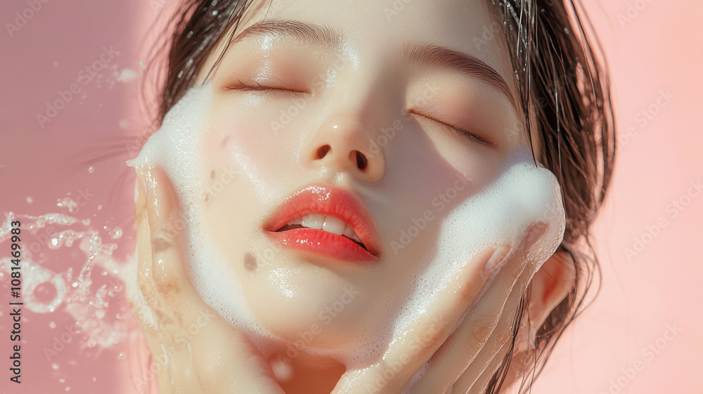 Smile asian young woman wash face with foam facial cleanser gel. Happy ...