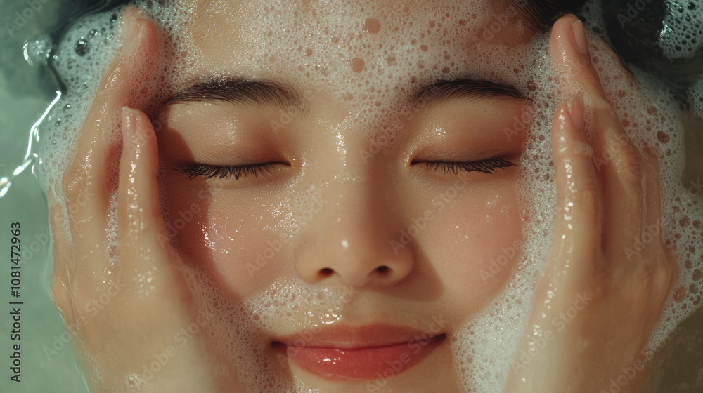 Smile asian young woman wash face with foam facial cleanser gel. Happy ...