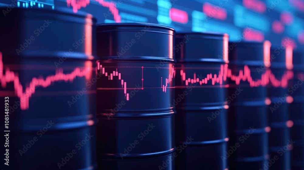 Fluctuating oil barrel prices and a risk meter displayed on dynamic ...