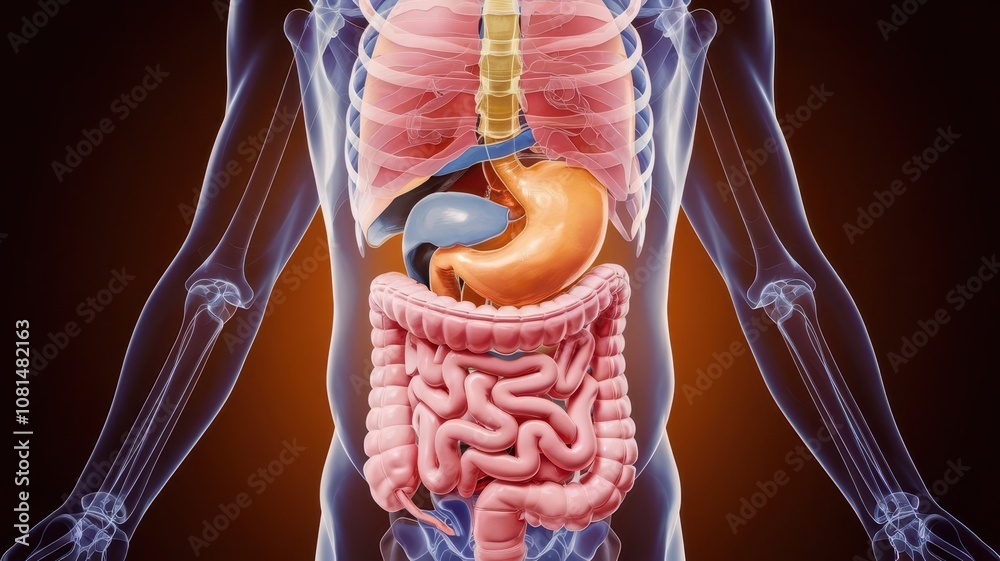 3D rendering of the human digestive system showing stomach, intestines ...
