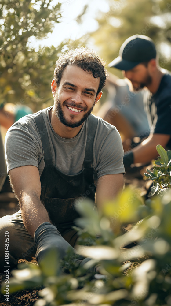 Men of diverse backgrounds working together in a community service ...