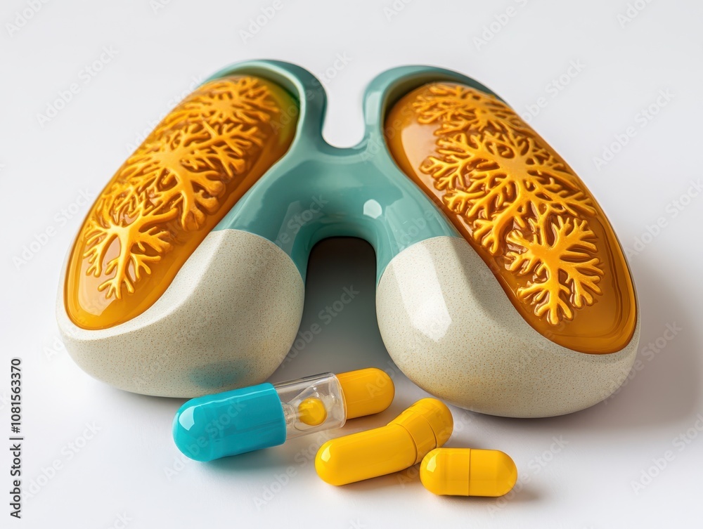 Double exposure of lungs with inflamed airways and an inhaler, isolated ...