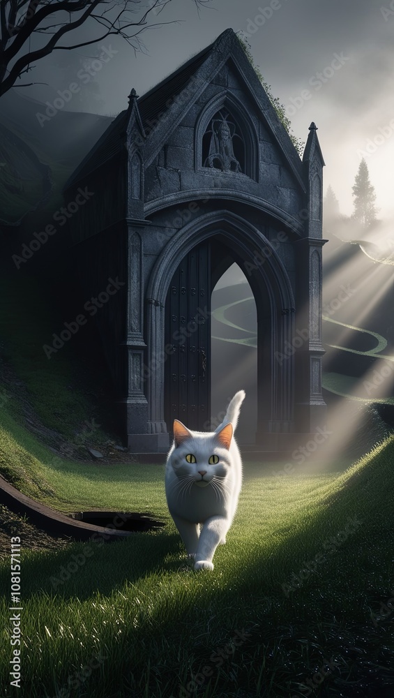 “Highly realistic 8K image of a gothic crypt shrouded in mist, with a ...