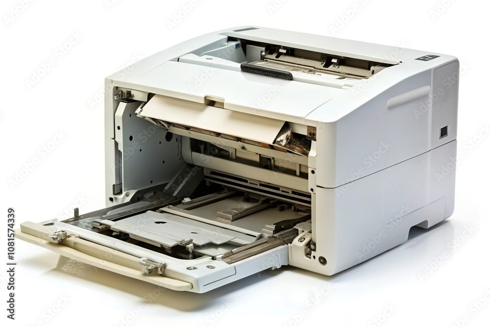 broken laser printer on white background in tilted angle Stock ...