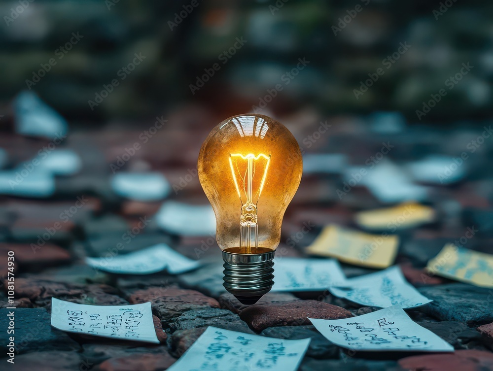 Light bulb in an old, dusty attic surrounded by scattered paper notes ...