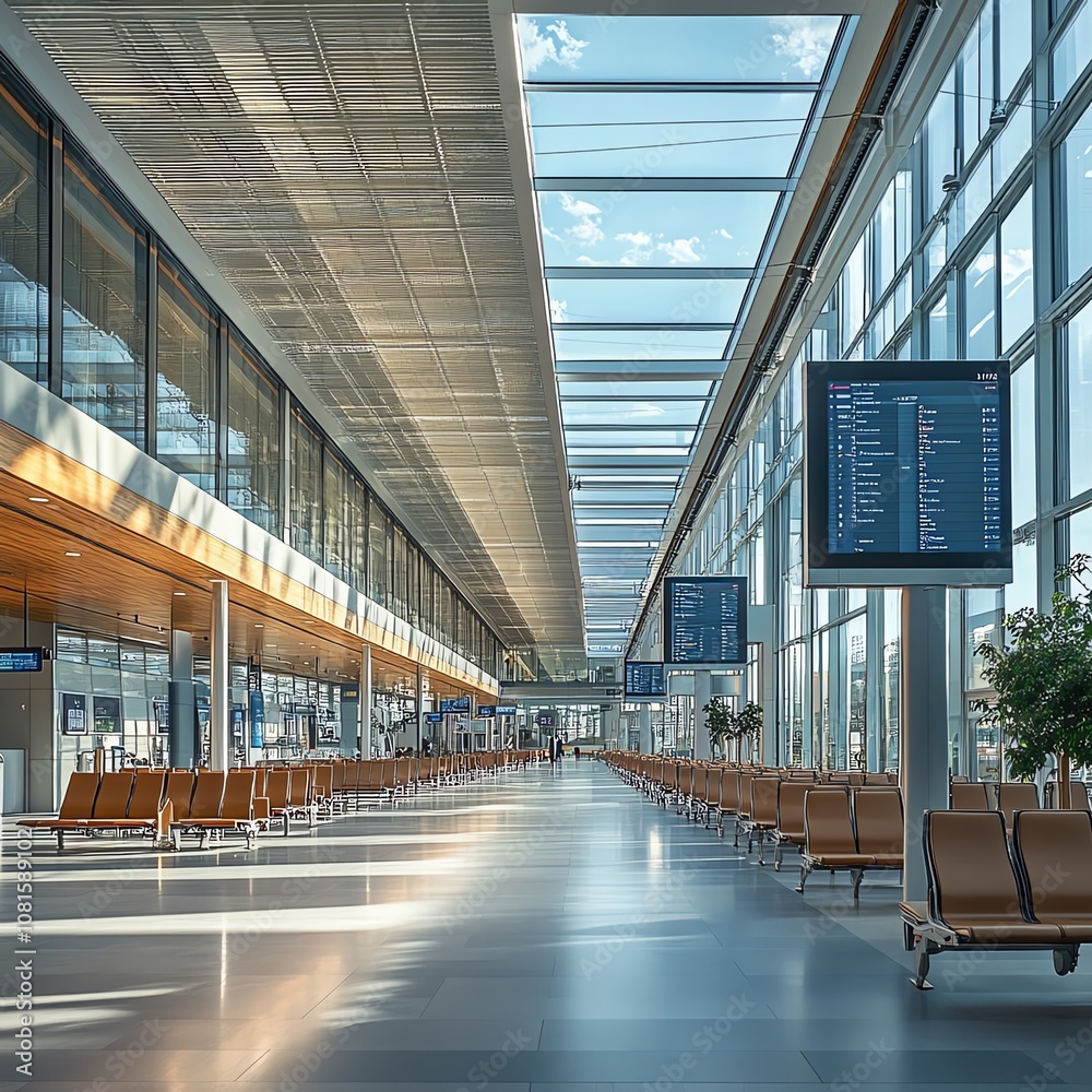 Airport terminal with rows of seats, digital signage, and skylights ...