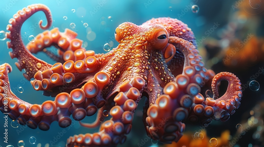 Giant octopus with its tentacles curling and reaching out, floating in ...