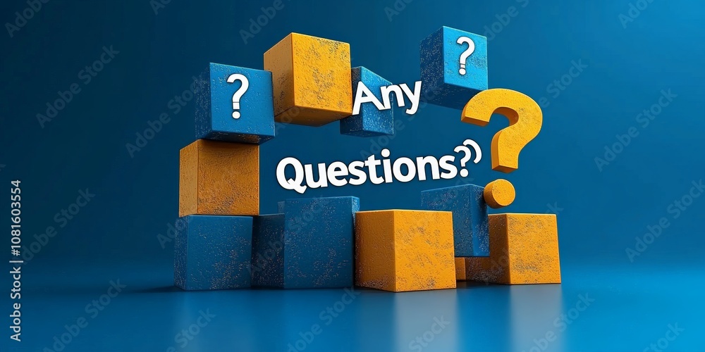 3D CGI render of blocks with question marks on blue background modern ...