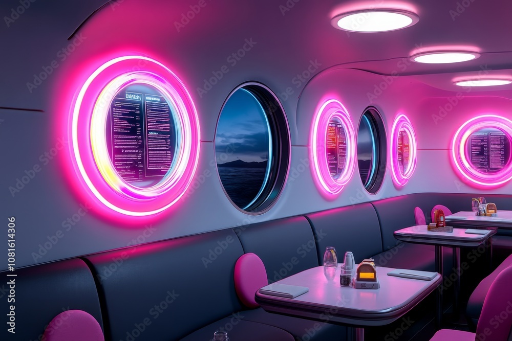 Cyberpunk-inspired restaurant interior with neon signs, futuristic ...