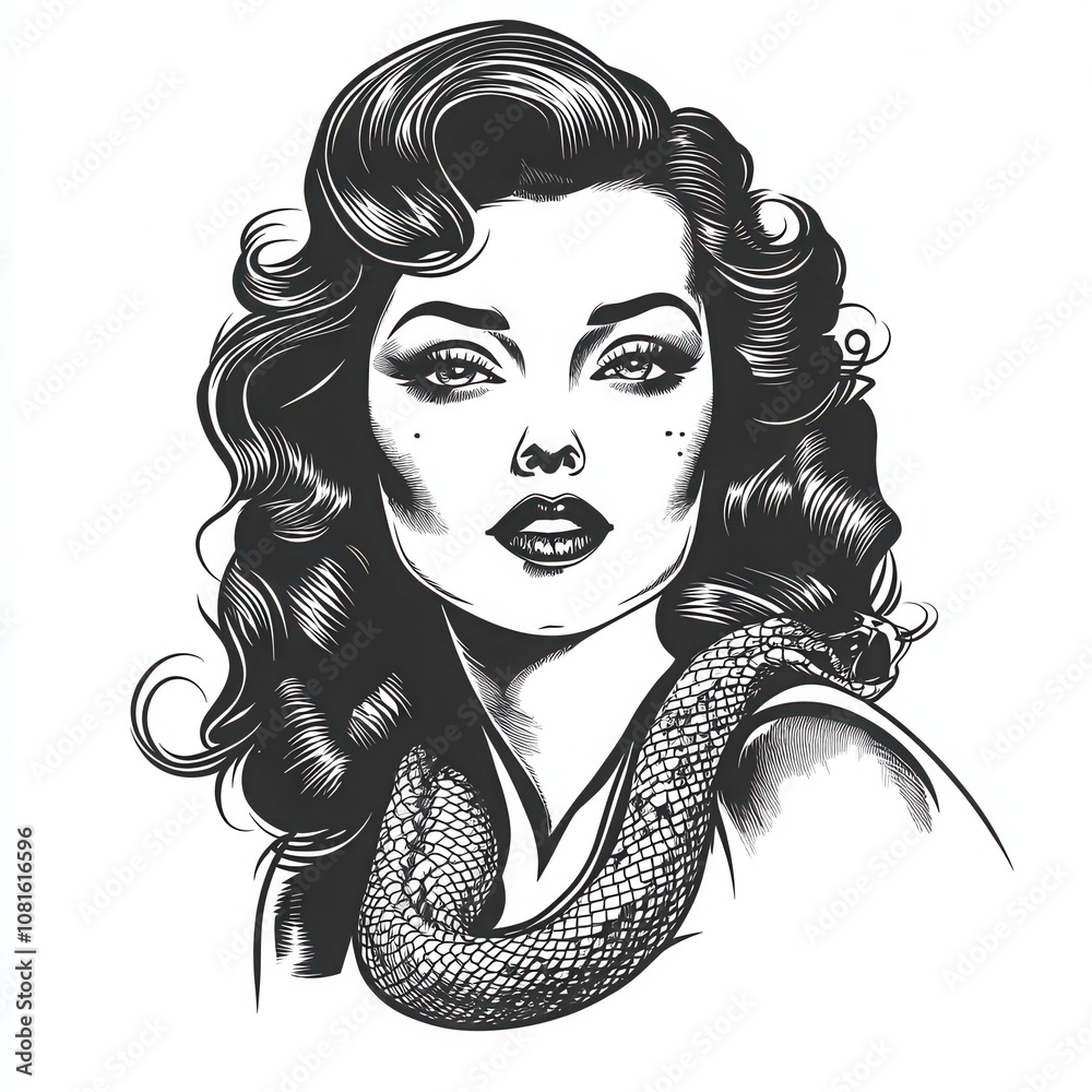 Black and white vector illustration of a vintage girl with a snake ...