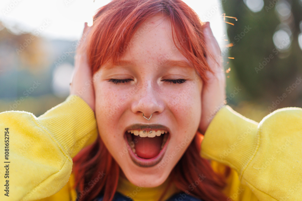 Upset girl screaming, teenager with facial piercing. shock and ...