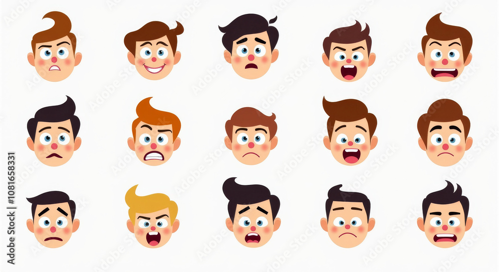 Colorful Cartoon Expressions Set with Various Male Emotions - Bright ...