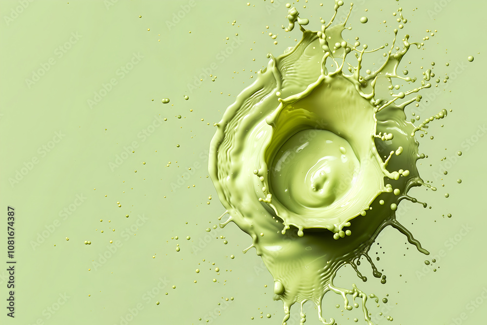 Creative food template. Splashing dropping onto milk melted matcha ...