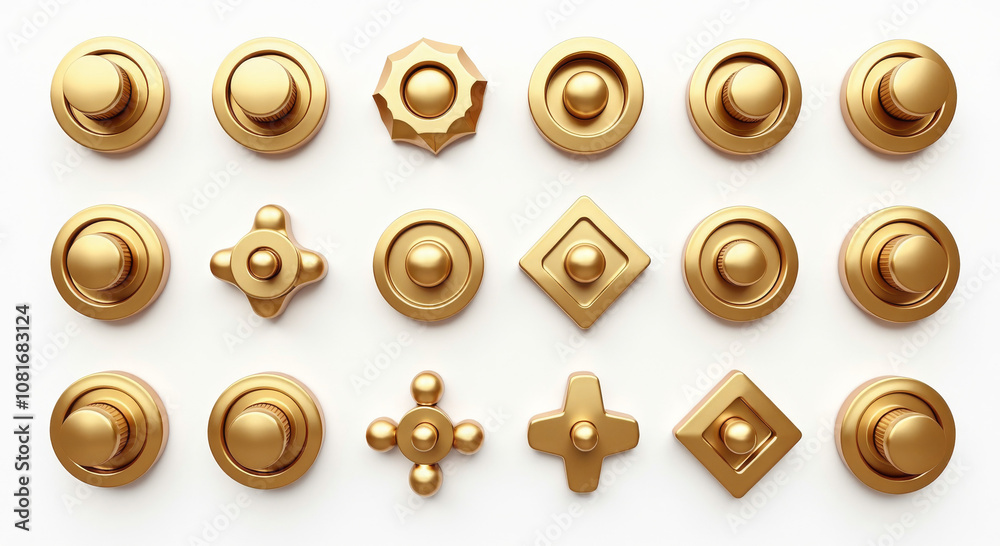 Golden 3D Button Set Collection on White Background with Diverse ...