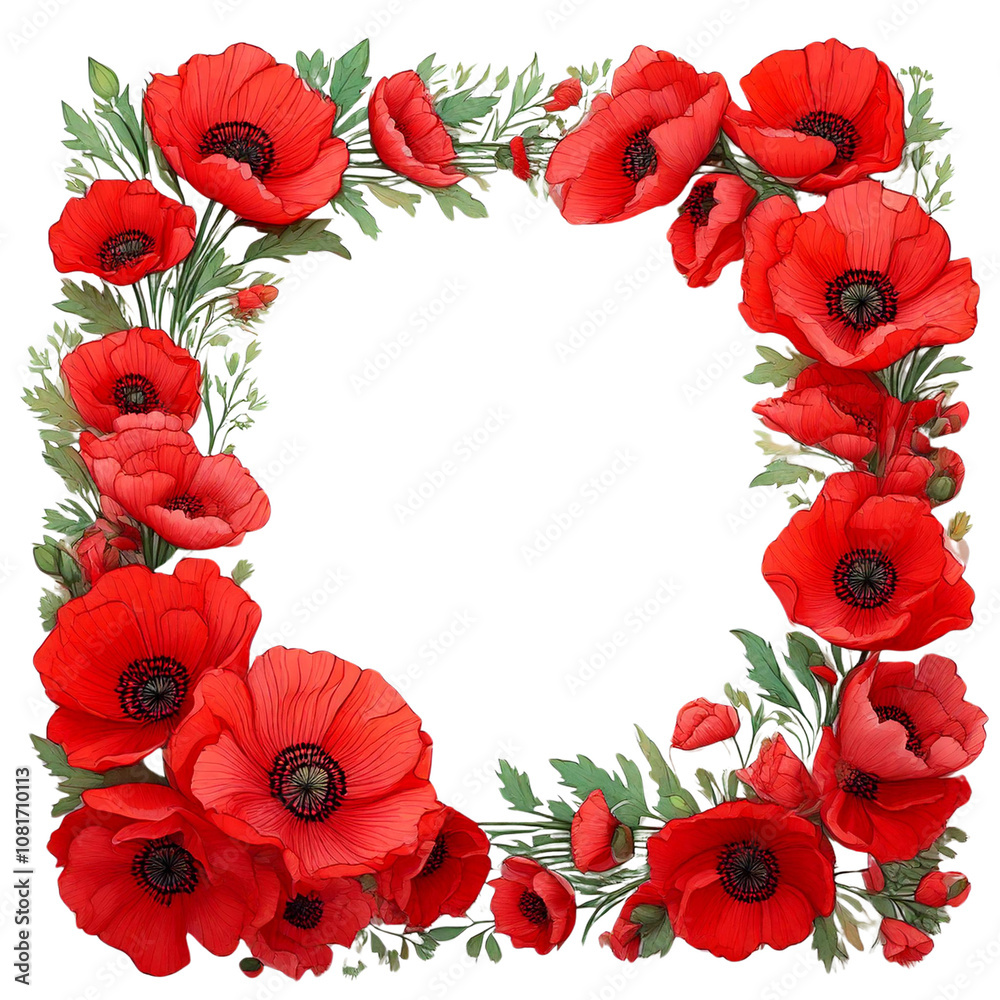 Red poppy flower border frame for layouts, cards, mockups, invitation ...