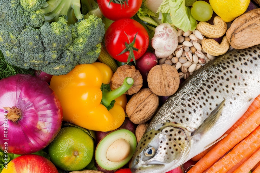 A vibrant assortment of healthy foods including fresh fish, vegetables ...
