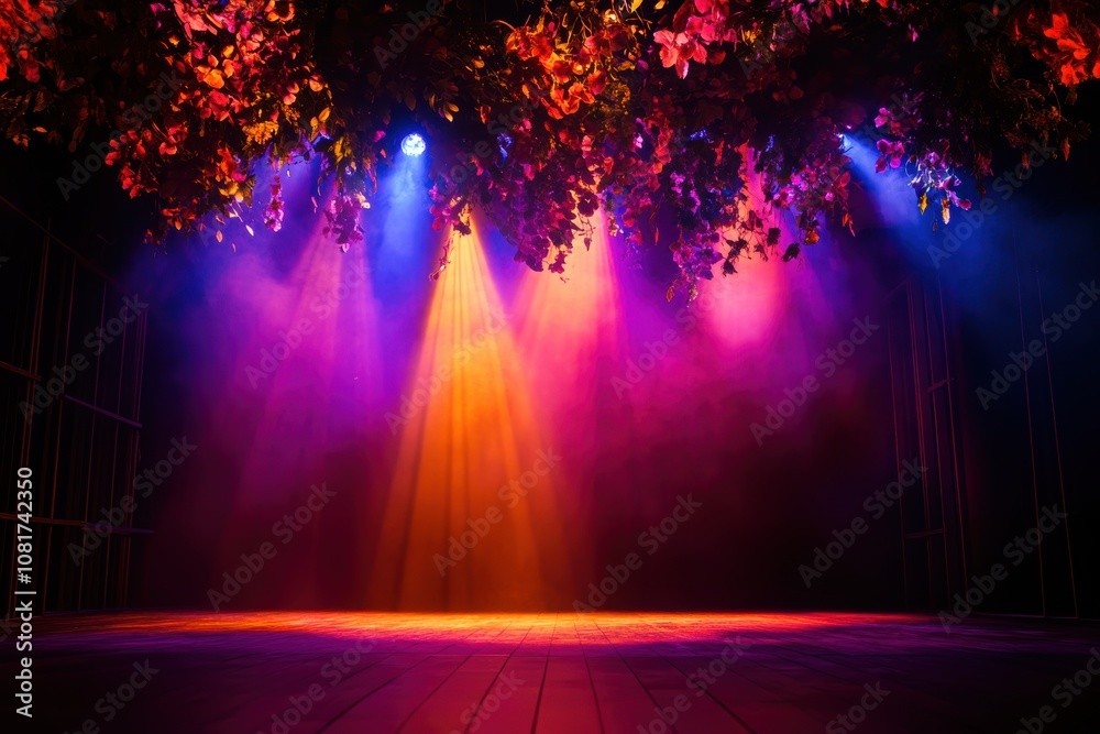 Stage performance concept. A grand stage illuminated by vibrant ...