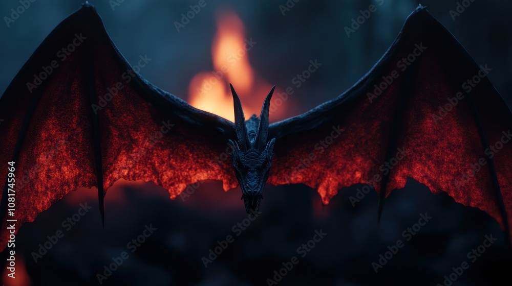 Image of fearsome dragon in dark setting. its wings are unfurled ...