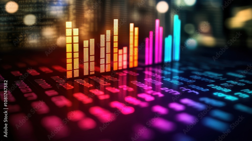 Vibrant close-up of digital audio equalizer colorful bars representing ...