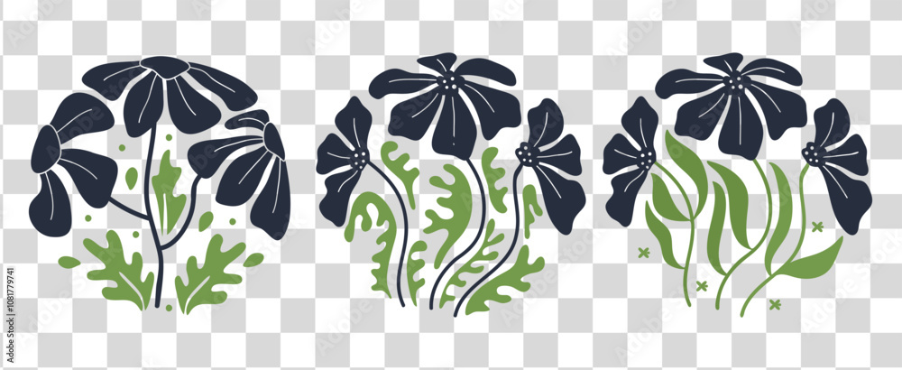 Transparent Groovy blue flower set. Organic circle shapes in trendy ...